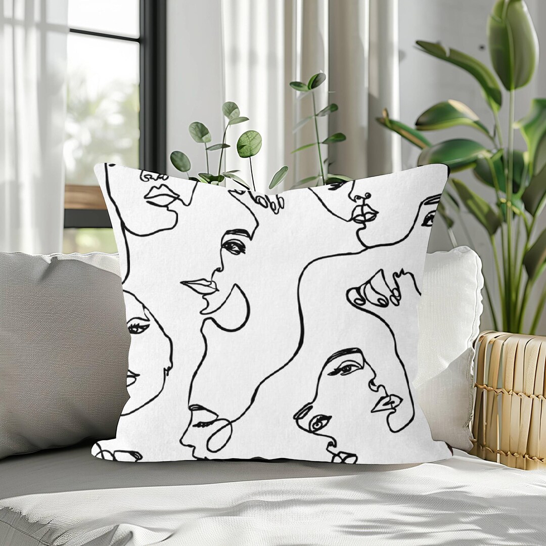 Abstract Line Art Pillow Cover, Minimalist Face Cushion Case, Modern ...