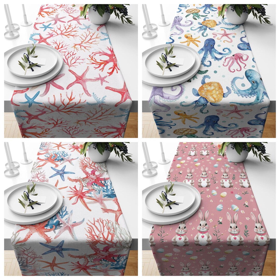 Coastal Sea Life Table Runner, Starfish Coral Octopus Beach Table Decor ...