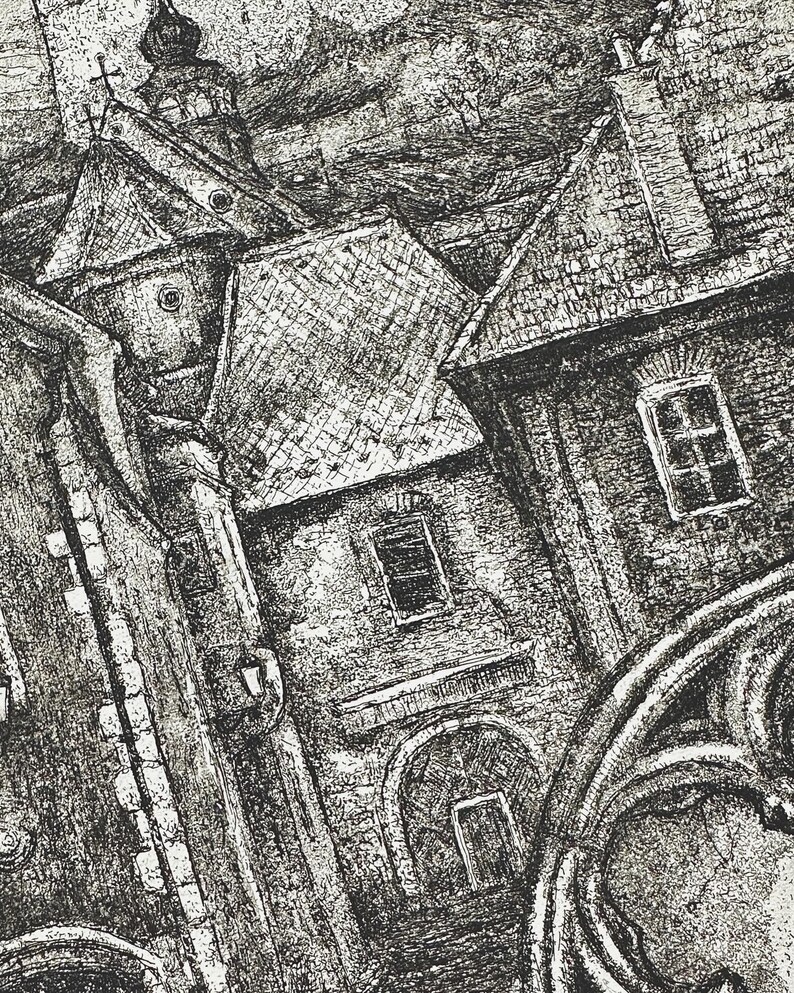 OLD TOWN Intaglio Print Etching Print Aquatint Home Decor Cityscape ...