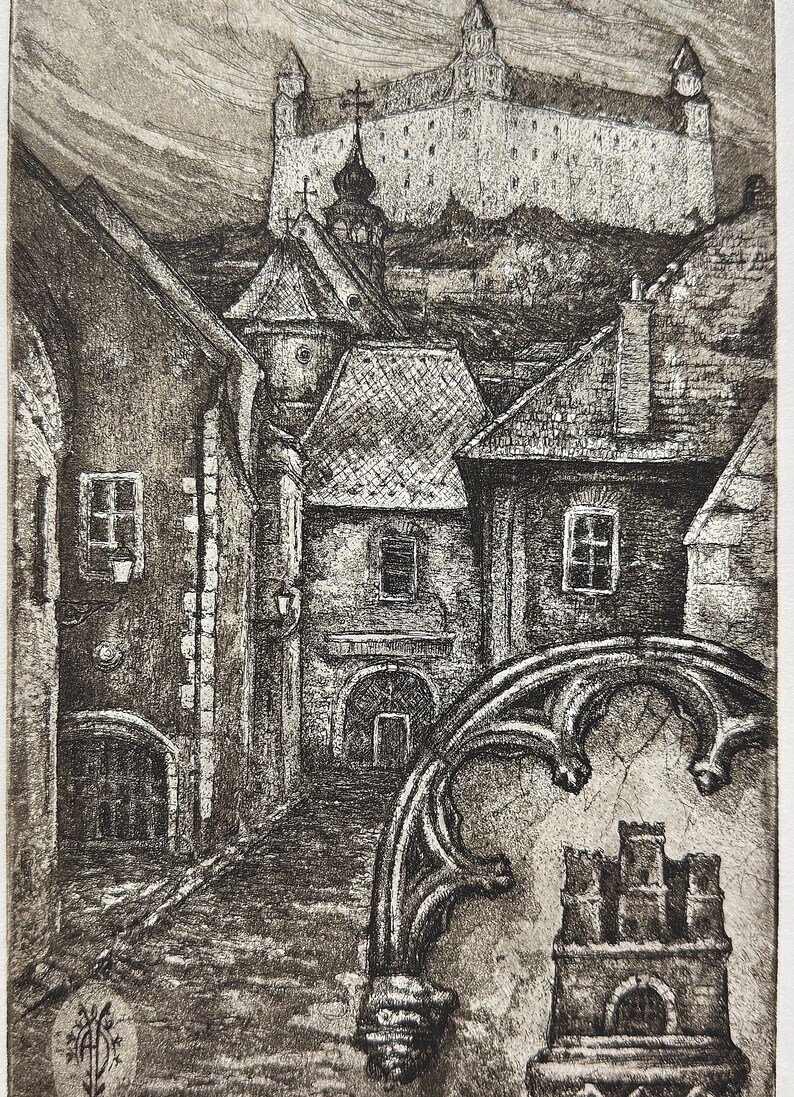 OLD TOWN Intaglio Print Etching Print Aquatint Home Decor Cityscape ...