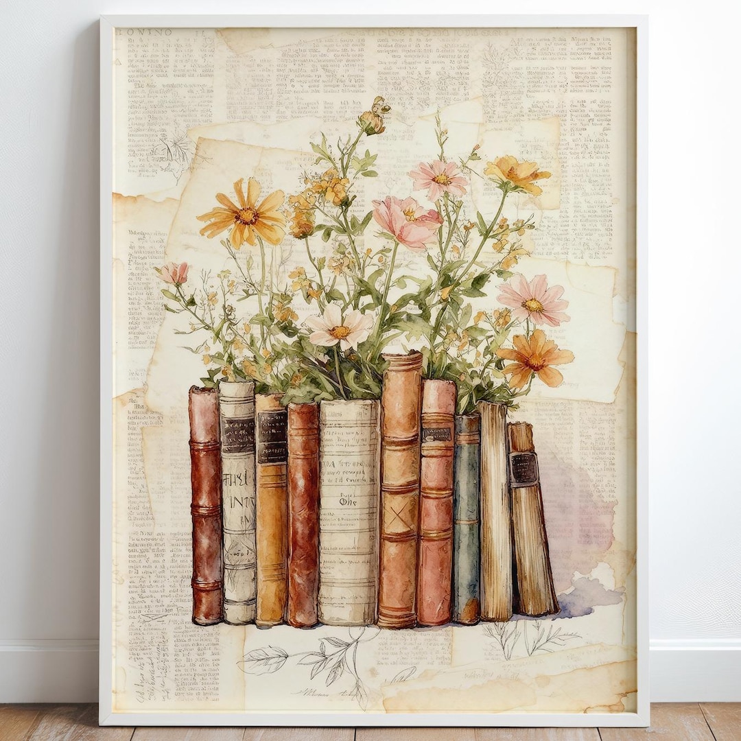 Botanical Flowers on Books Print: Vintage Floral Rolled Poster - Etsy