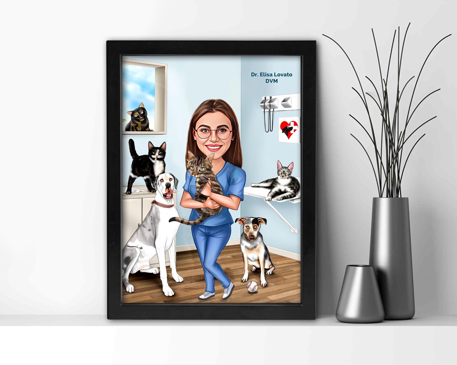 Custom Framed Veterinarian Caricature Portrait: Vet Tech Gift - Etsy