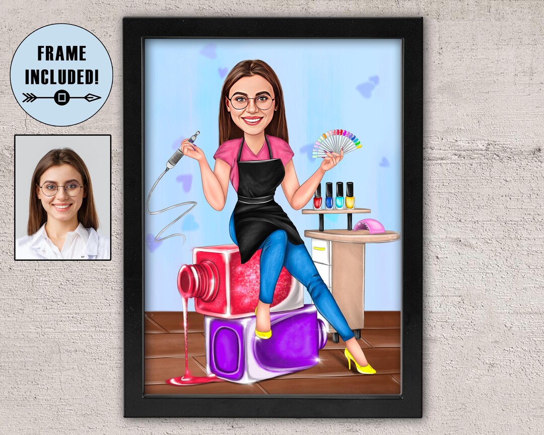 Framed Nail Artist Caricature Portrait: Personalized Nail Technician ...