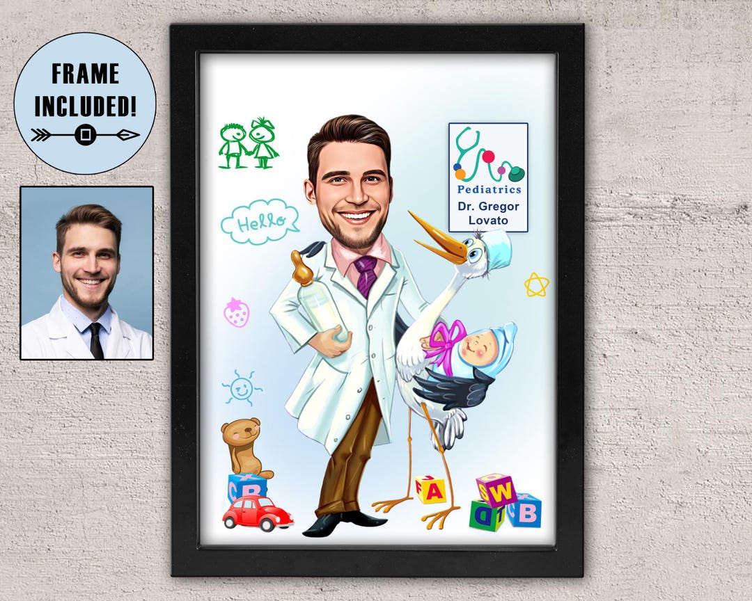 Custom Framed Child Doctor Caricature, Pediatric Doctor Portrait ...