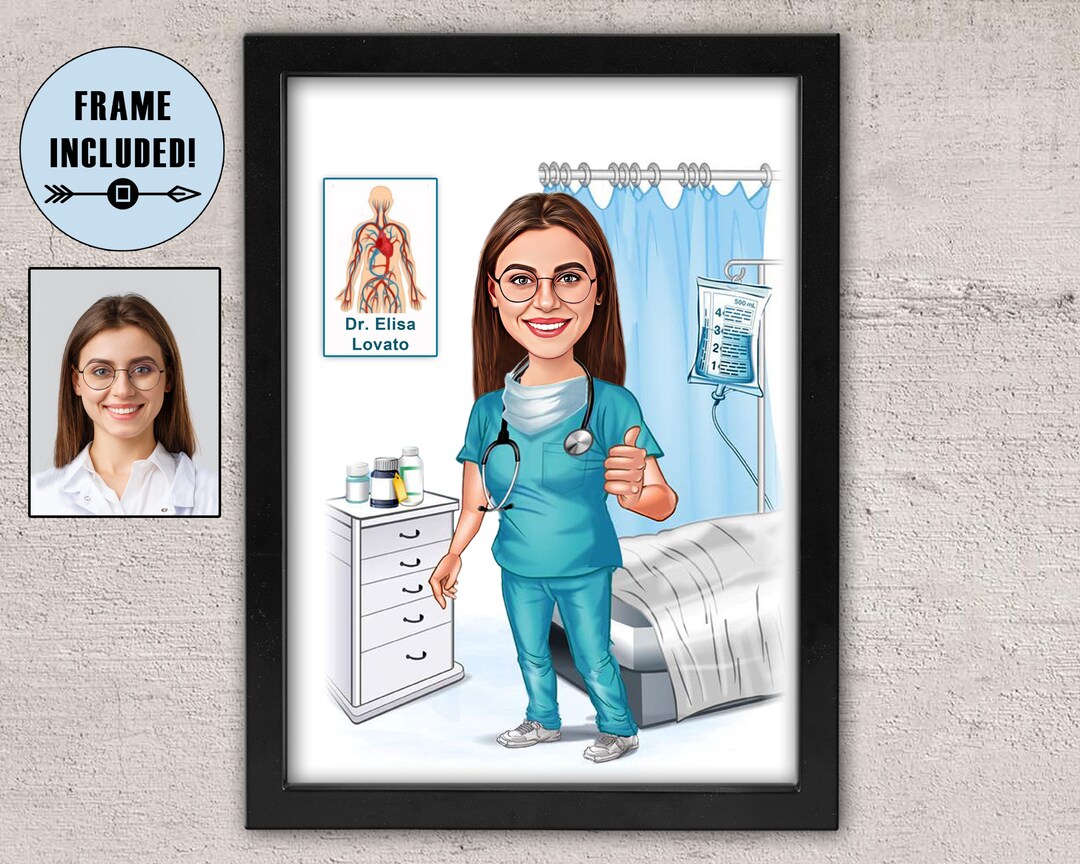 Custom Woman Doctor Cartoon Framed Portrait, Doctor Portrait, Doctor ...