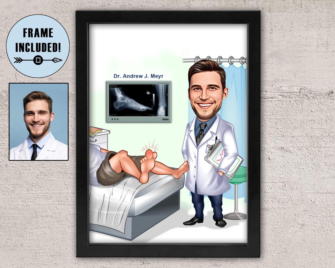 Custom Framed Male Podiatry Doctor Cartoon Portrait, Doctor Caricature ...