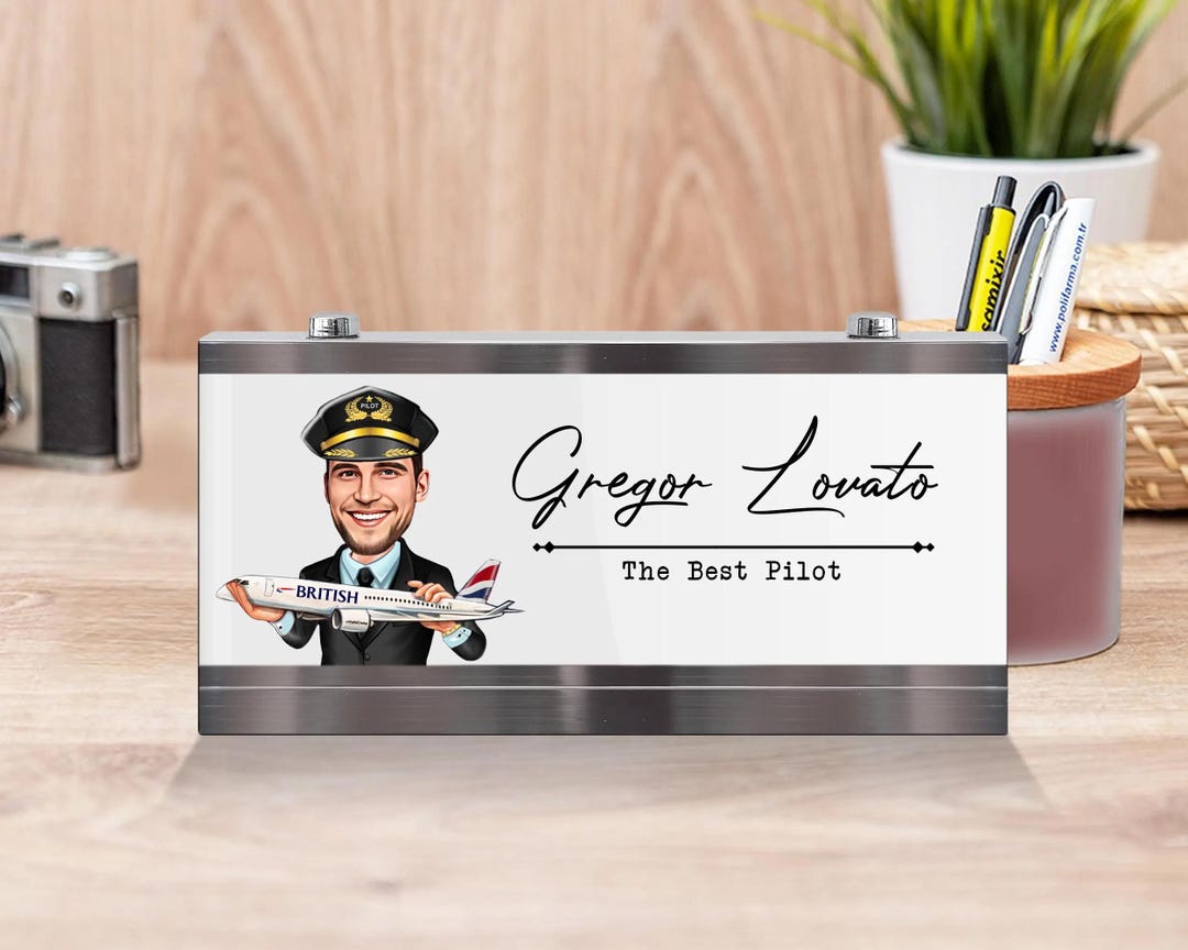 Pilot Desk Name Metal Sign With Cartoon, Caricature Pilot Portrait ...