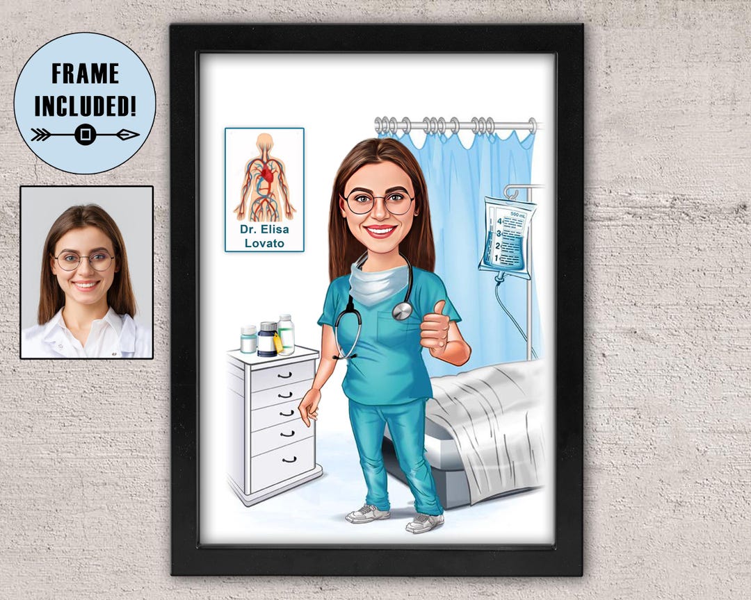 Custom Woman Doctor Cartoon Framed Portrait, Doctor Portrait, Doctor ...