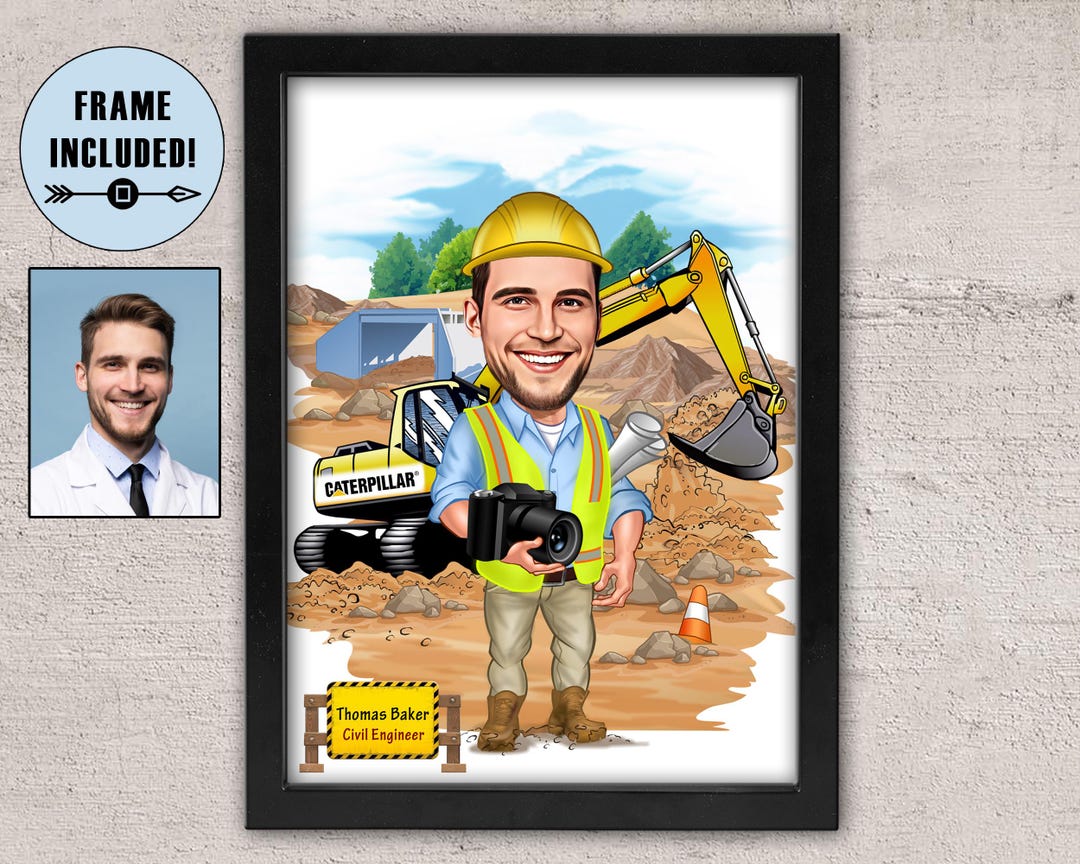 Civil Engineer Caricature Portrait: Custom Framed Wall Art - Etsy