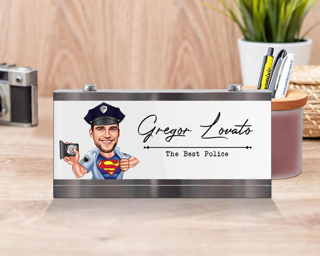 Super Police Caricature Funny Desk Name Metal Plate, Male Police Desk ...