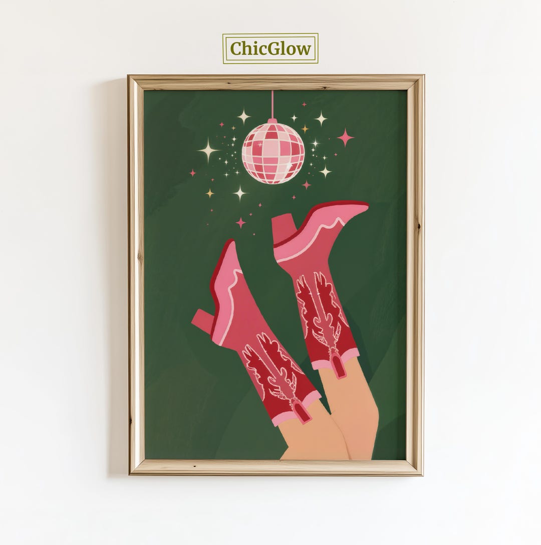Disco Cowgirl Poster – Retro Pink Boots Wall Art, Feminine Party Print ...