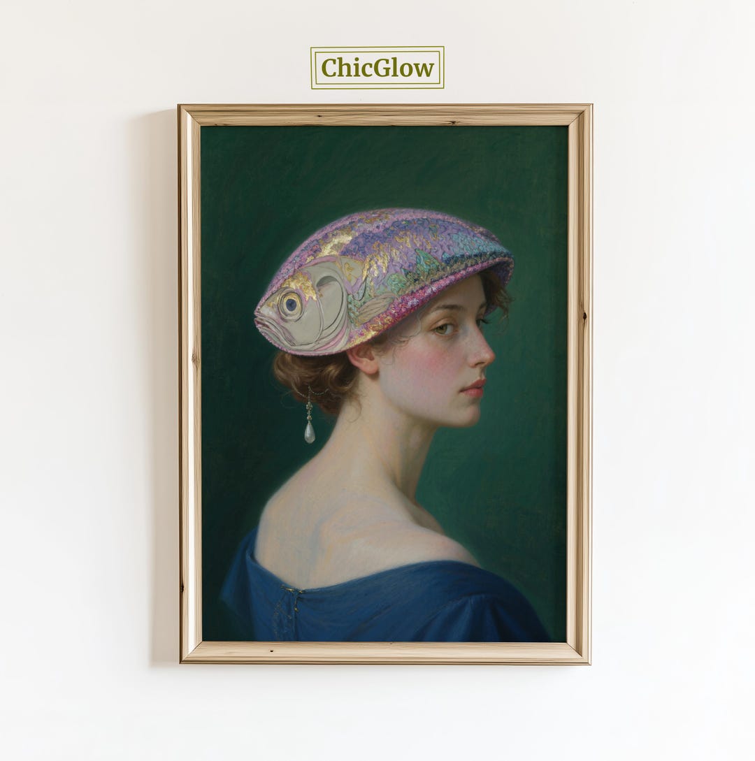 Surreal Fish Hat Portrait – Dreamcore Vintage Woman Wall Art, Moody ...
