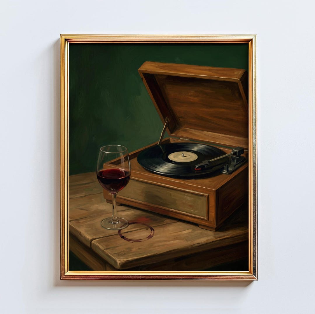 Vintage Record Player Poster – Moody Music Wall Art With Wine in Green ...