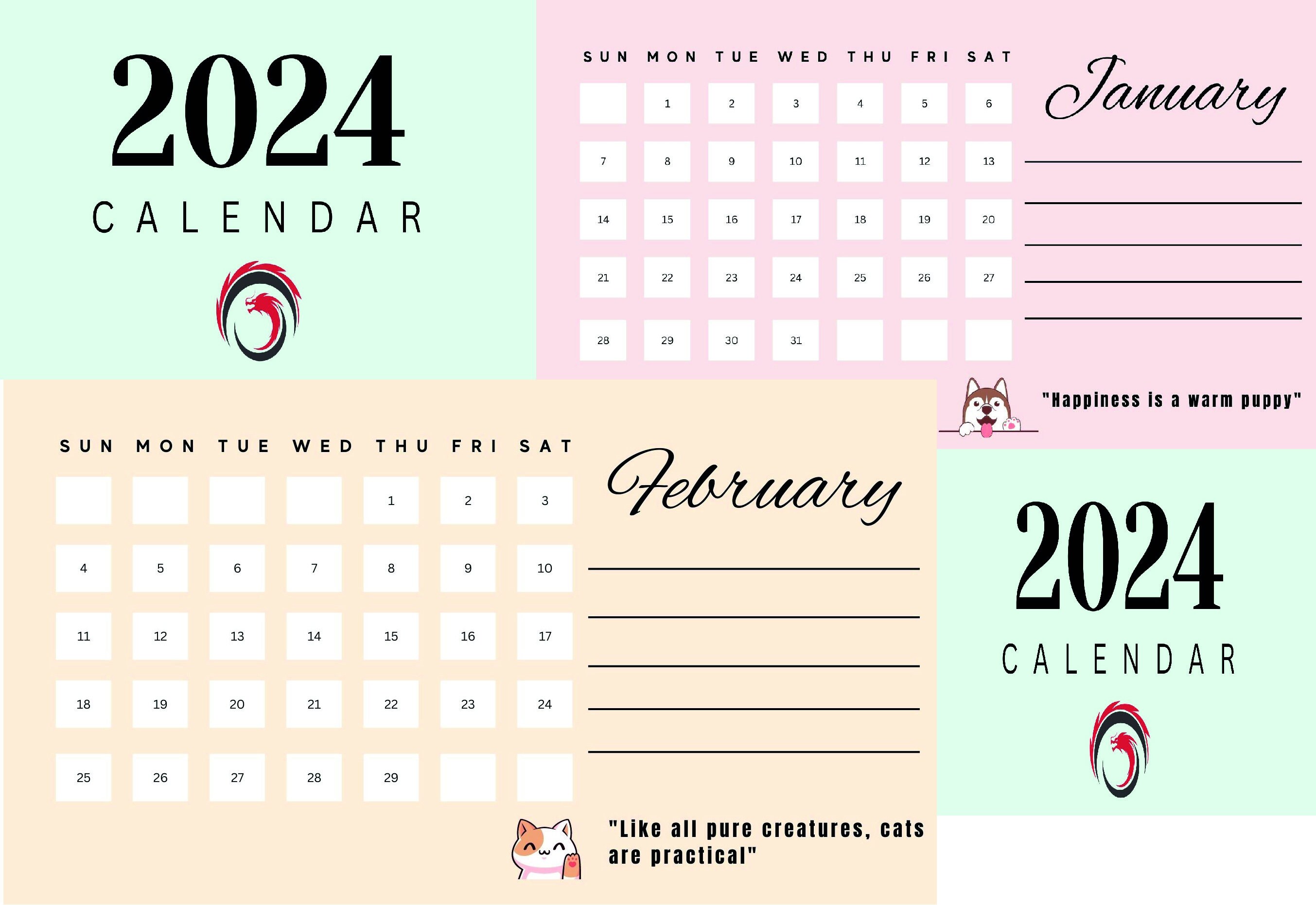 Printable Calendar and Mini-calendar 2024 - Etsy