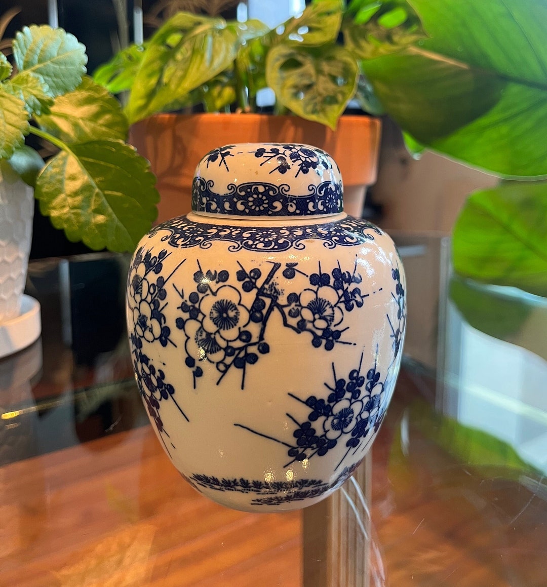 Vintage Japanese Blue & White Porcelain Cherry Blossom Ginger Jar, 1950 ...
