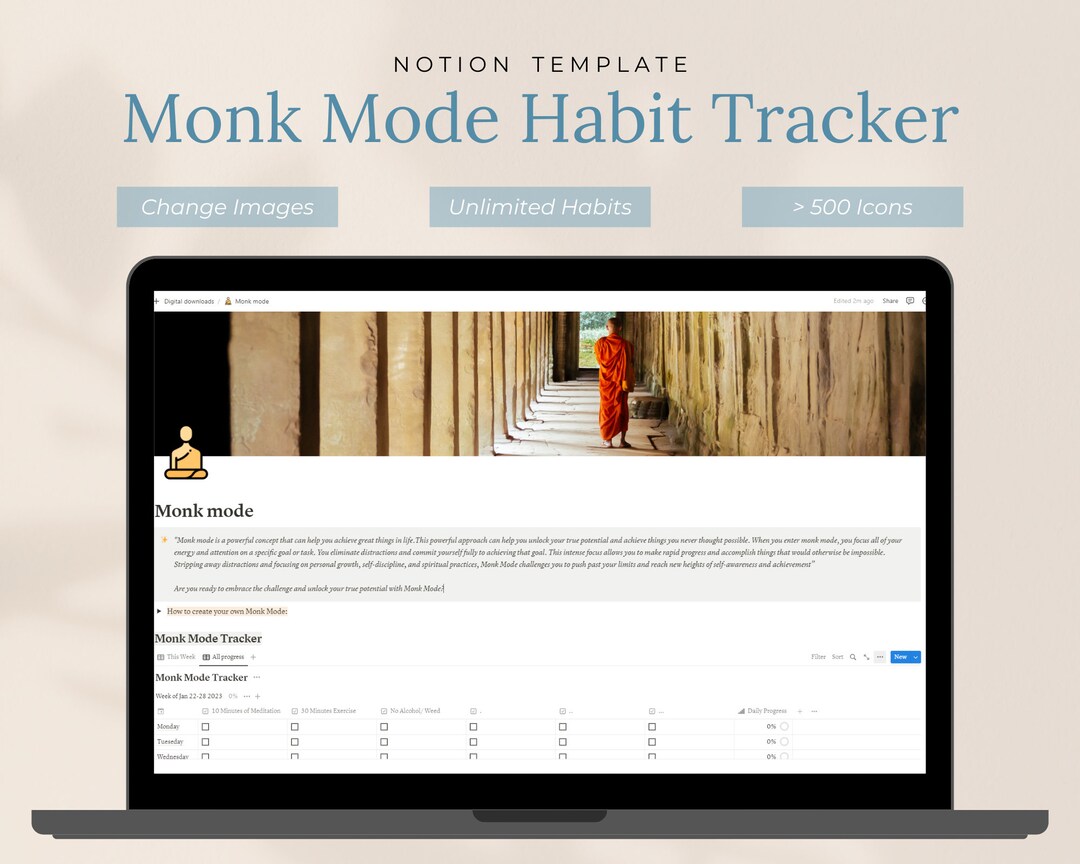 Notion Template Monk Mode Habit Tracker Productivity - Etsy UK