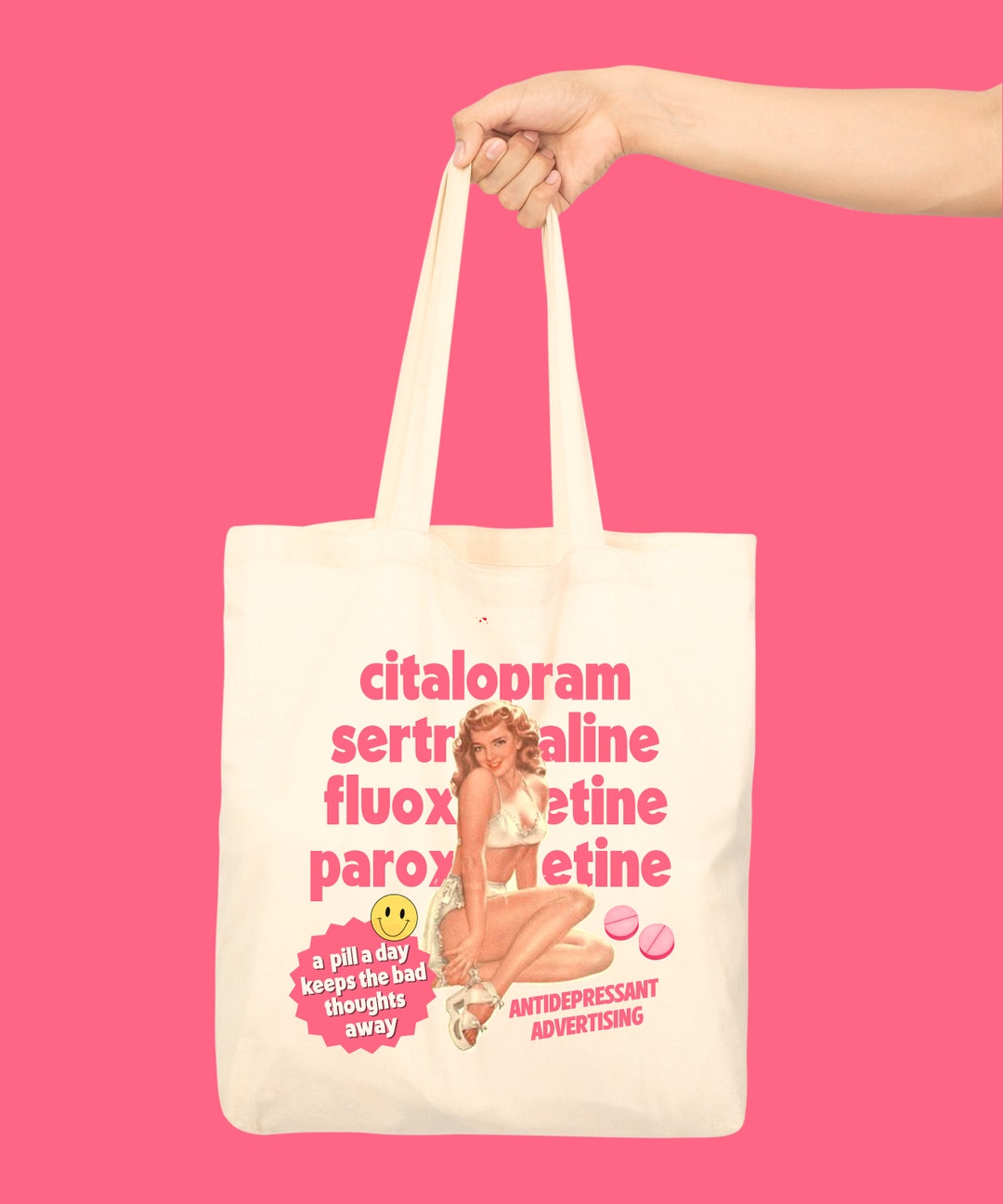 ANTIDEPRESSANTS Retro Advert Style Print Tote Bag Pink Funny Novelty ...