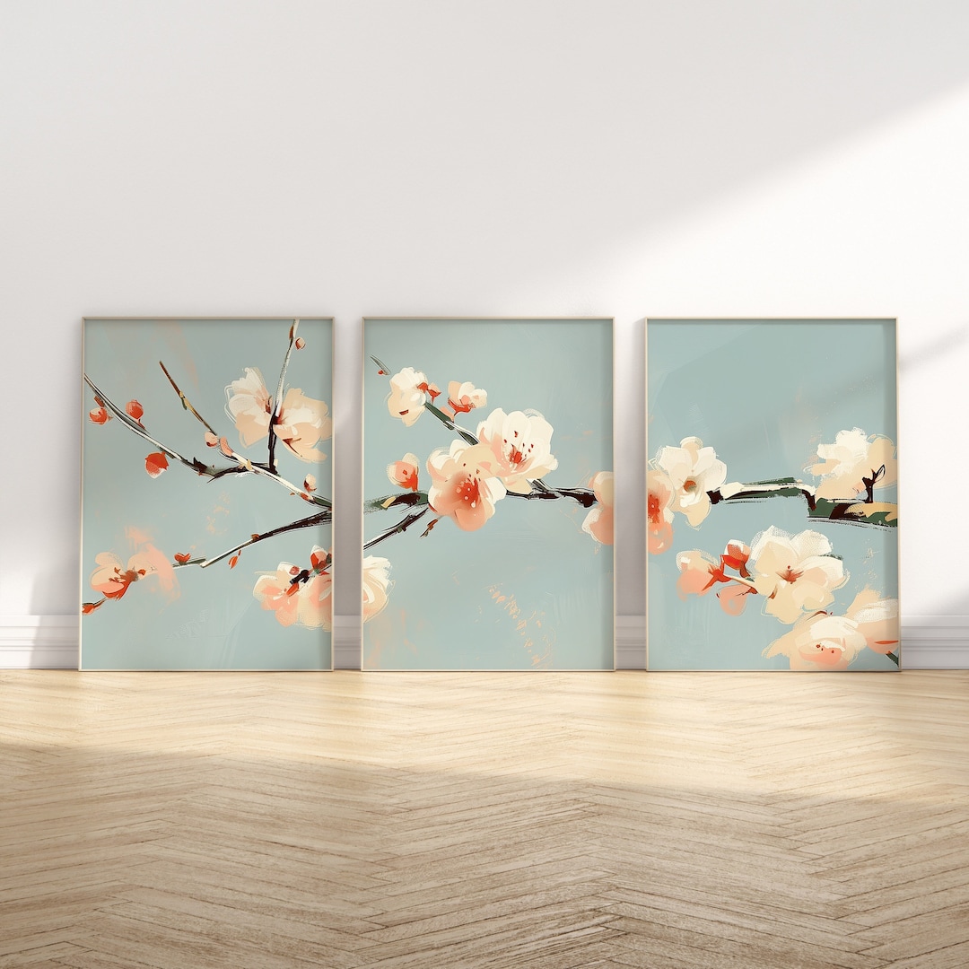 Blossom Branch Triptych: Spring Nature Art Prints, Blue Cream Landscape - Etsy