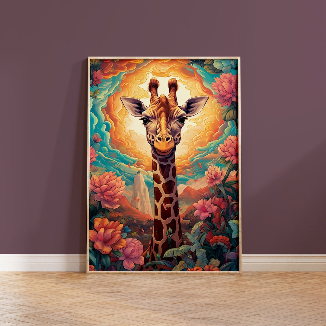 Giraffe Art Print: Abstract Floral Landscape, Psychedelic Pastel Colors ...