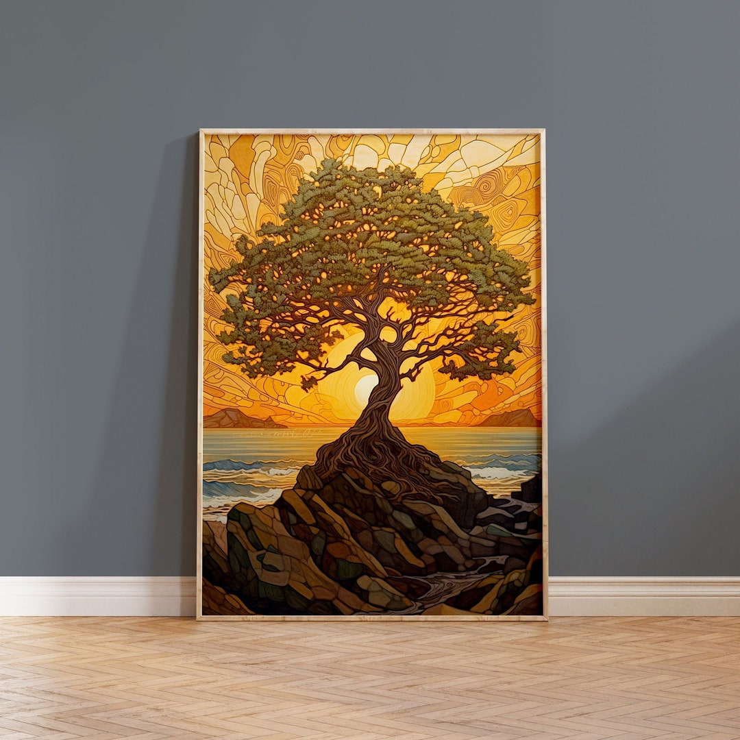 Japanese Art Print Abstract Tree Painting Ocean Nature Wall Decor Night ...