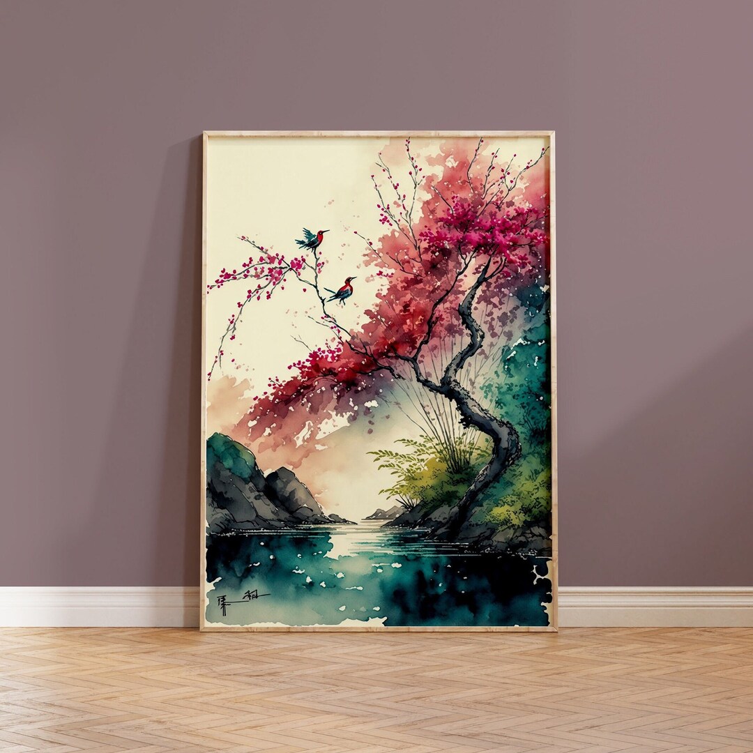 Japanese Wall Art Print Watercolour Boho Housewarming Gift Sakura Tree ...
