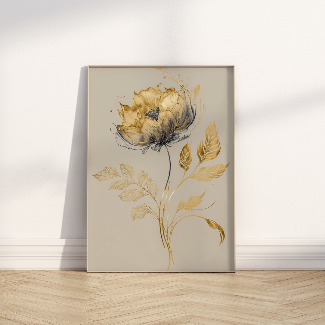 Gold Flower Print: Botanical Watercolor Painting, Boho Home Decor - Etsy