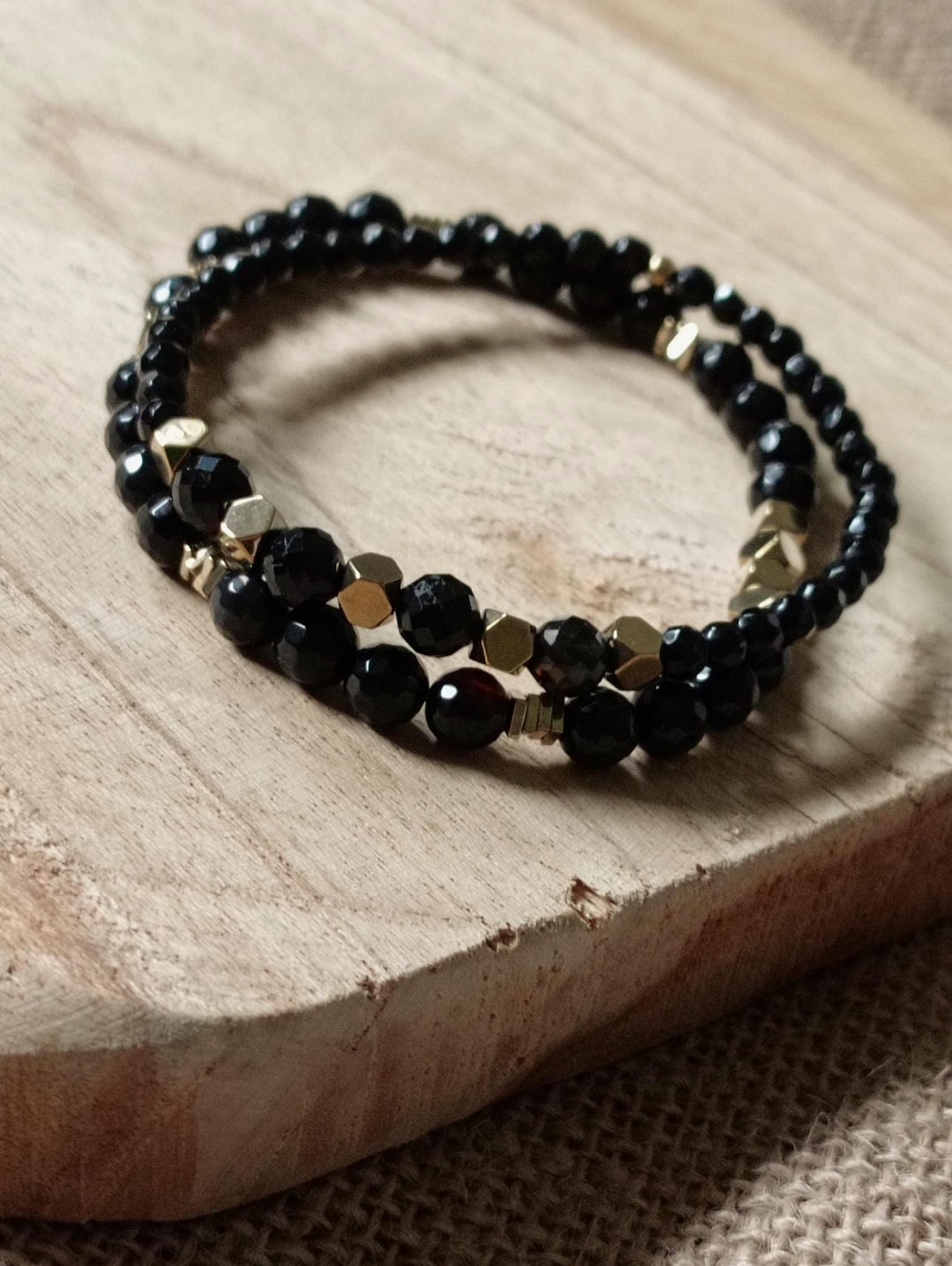Black and Gold Beaded Bracelet Set, Natural Stone Double Strand ...