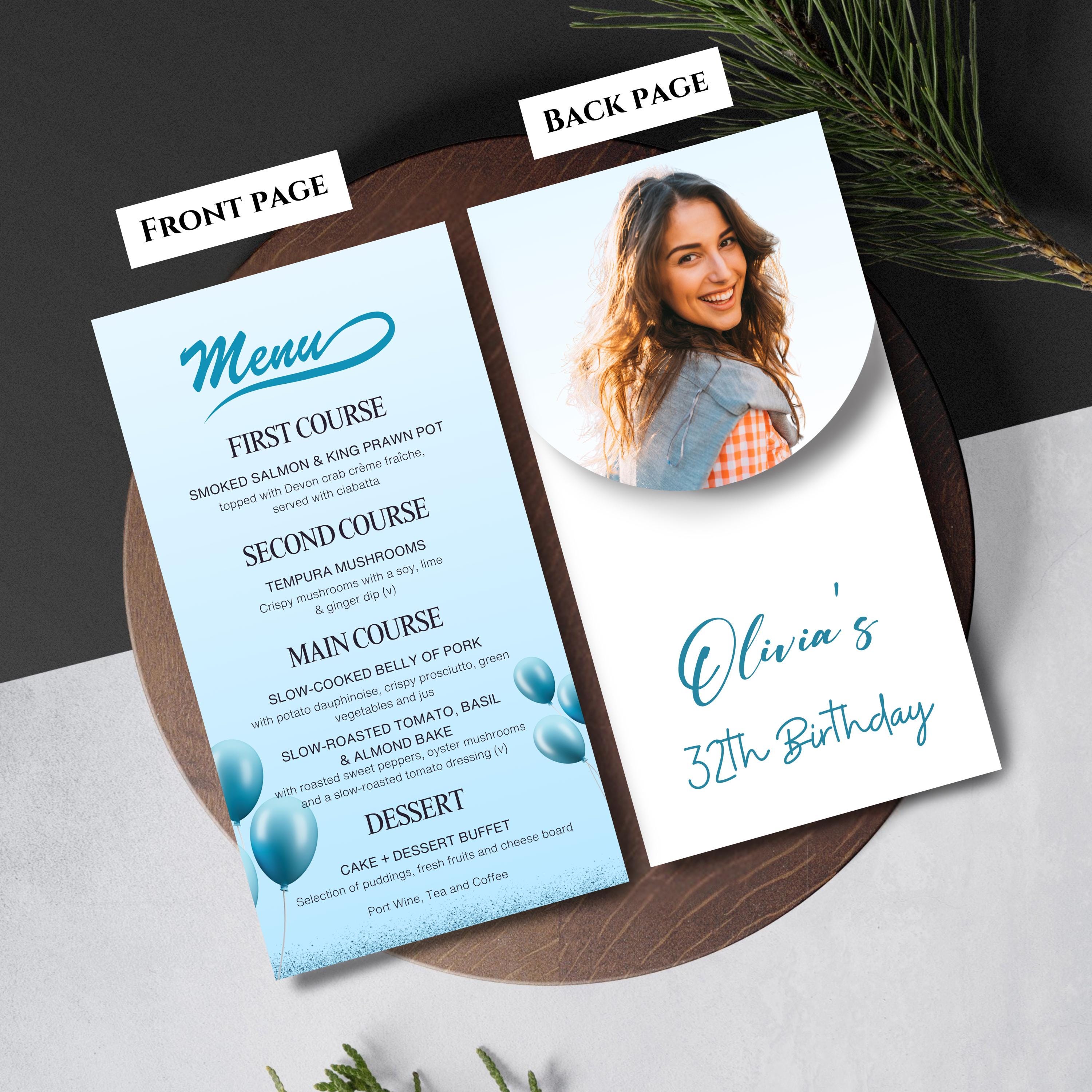 Personalized Birthday Menu Card With Photo, Custom Party Menu, Editable ...