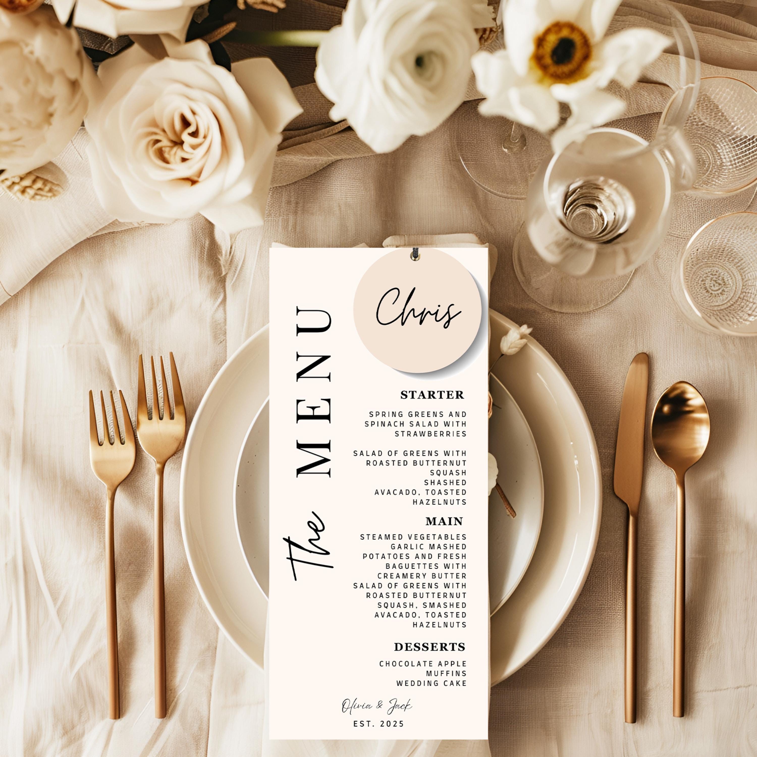 Modern Wedding Menu Place Card With Guest Name, Custom Wedding Menu ...