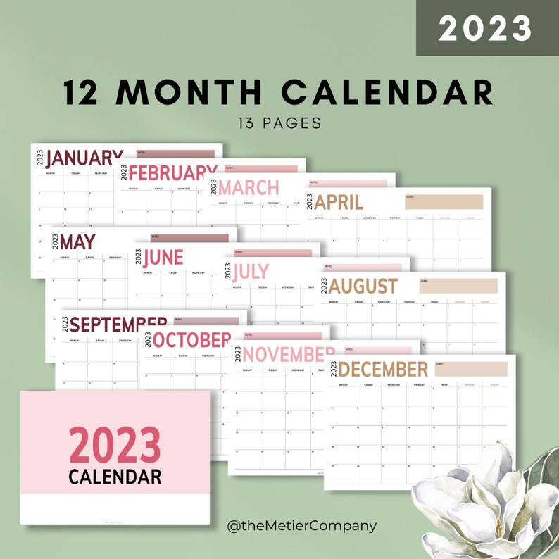2023 PRINTABLE CALENDAR: 2023 Landscape 12 Month Calendar A4 - Etsy