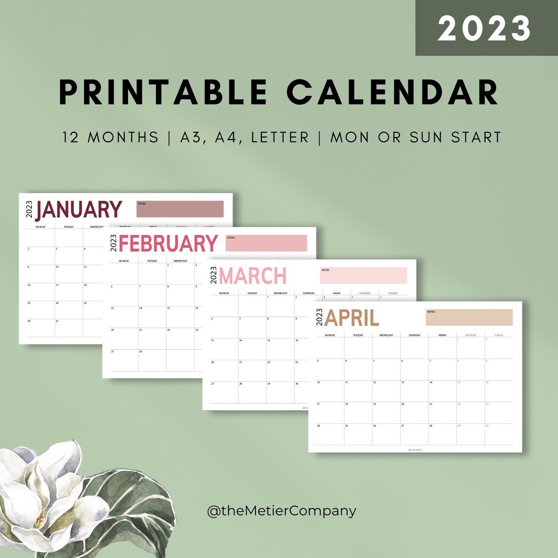 2023 Printable Calendar 2023 Landscape 12 Month Calendar A4 Etsy