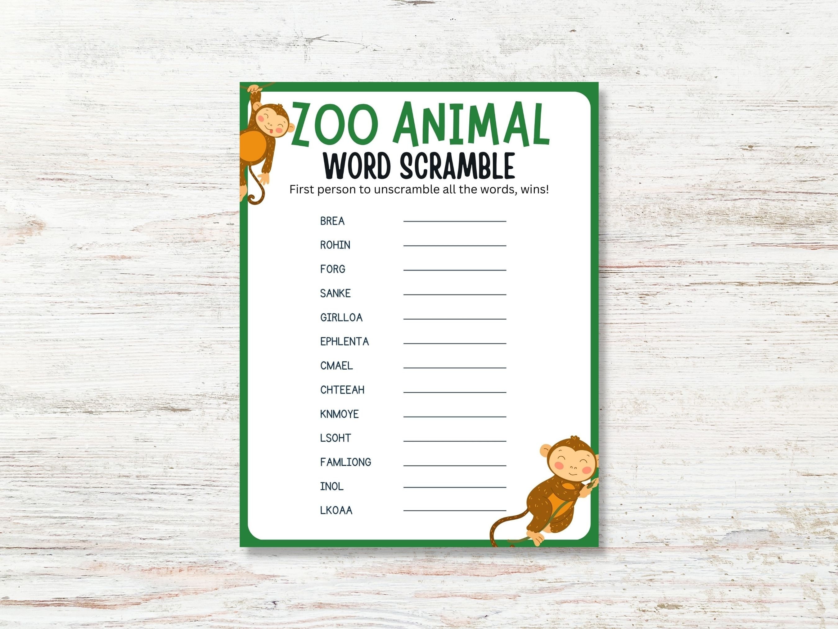 Zoo Animal Word Scramble, Animal Word Game, Printable Word Scramble ...