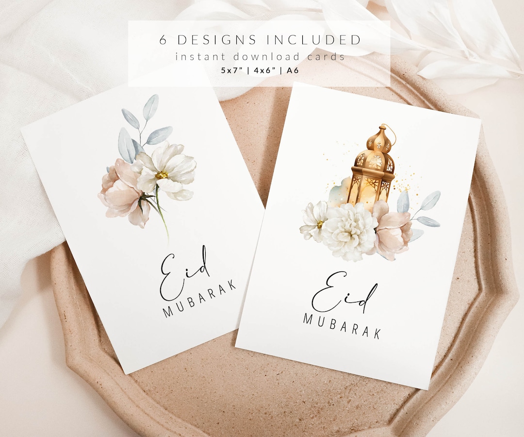 Printable Eid Mubarak Cards Set of 6, Modern Eid Mubarak Decoration DIY ...