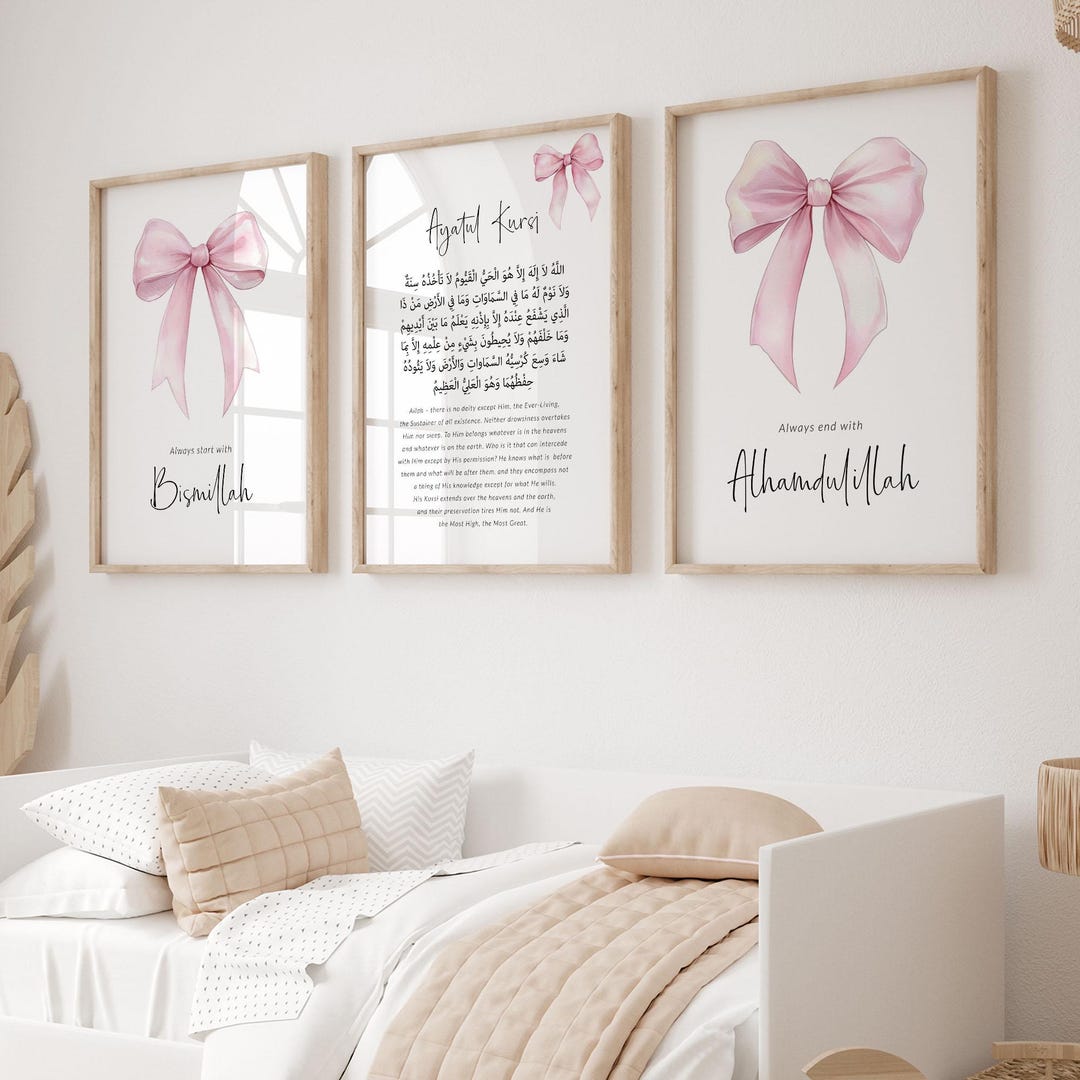 Girly Pink Bow Islamic Wall Art Digital Download, Set of 3 Muslim ...