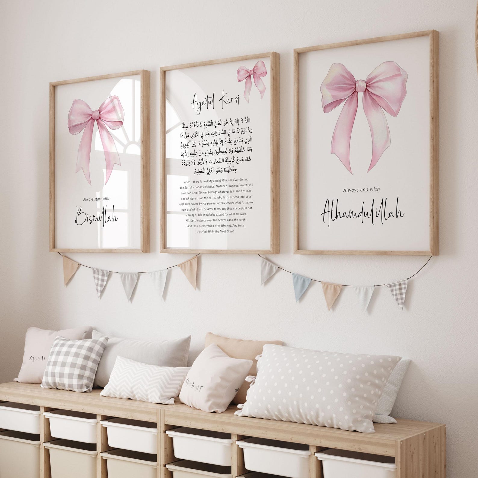 Girly Pink Bow Islamic Wall Art Digital Download, Set of 3 Muslim ...