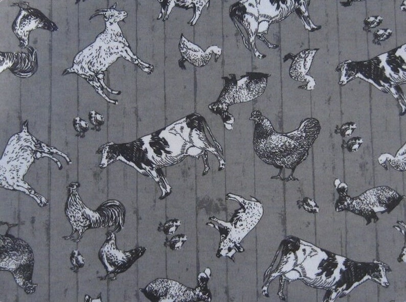 Flannel Gray Monotone Farm Animals Cows Pigs Chickens Goats 100% ...