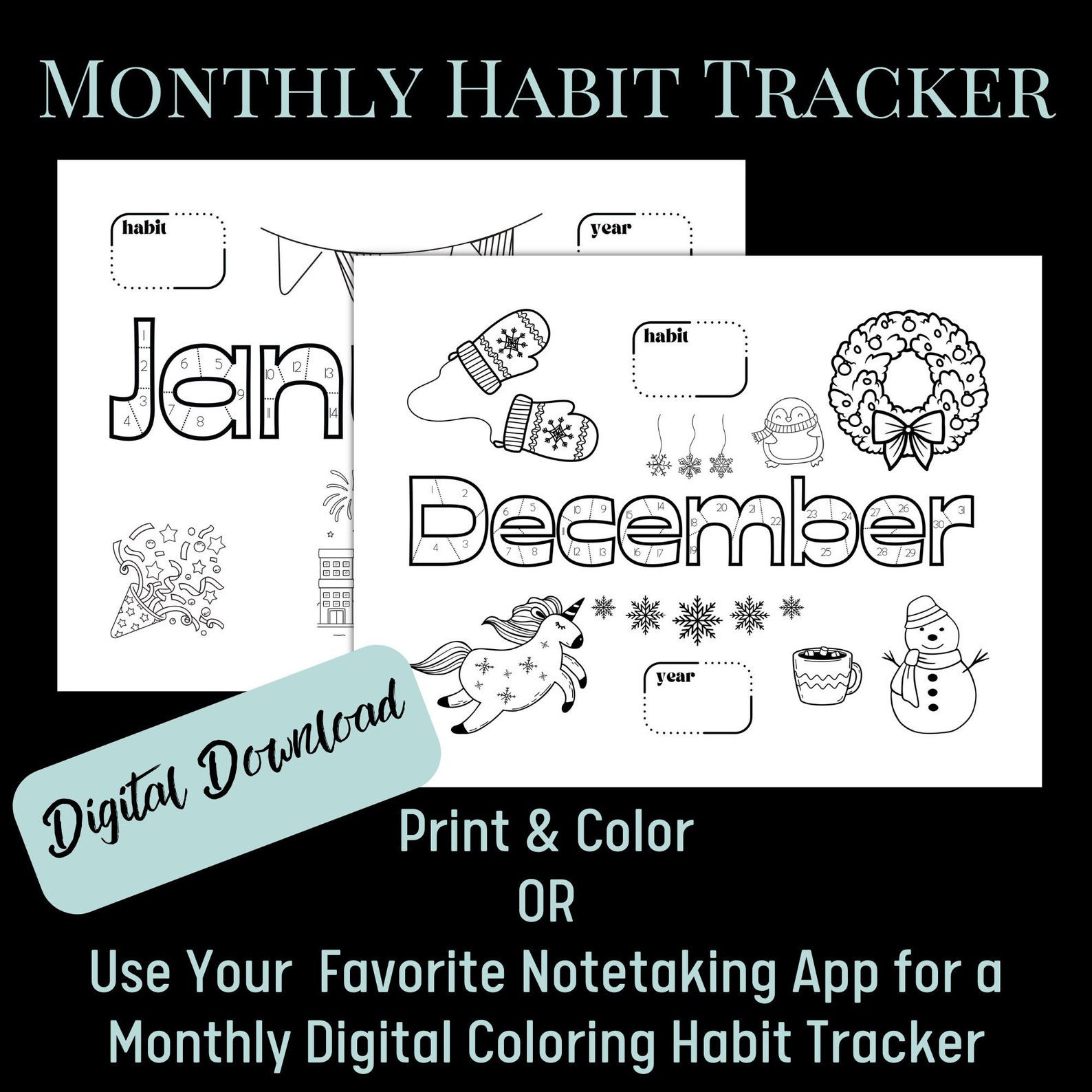 Monthly Habit Tracker Coloring Pages: Productivity Printable (PDF) - Etsy