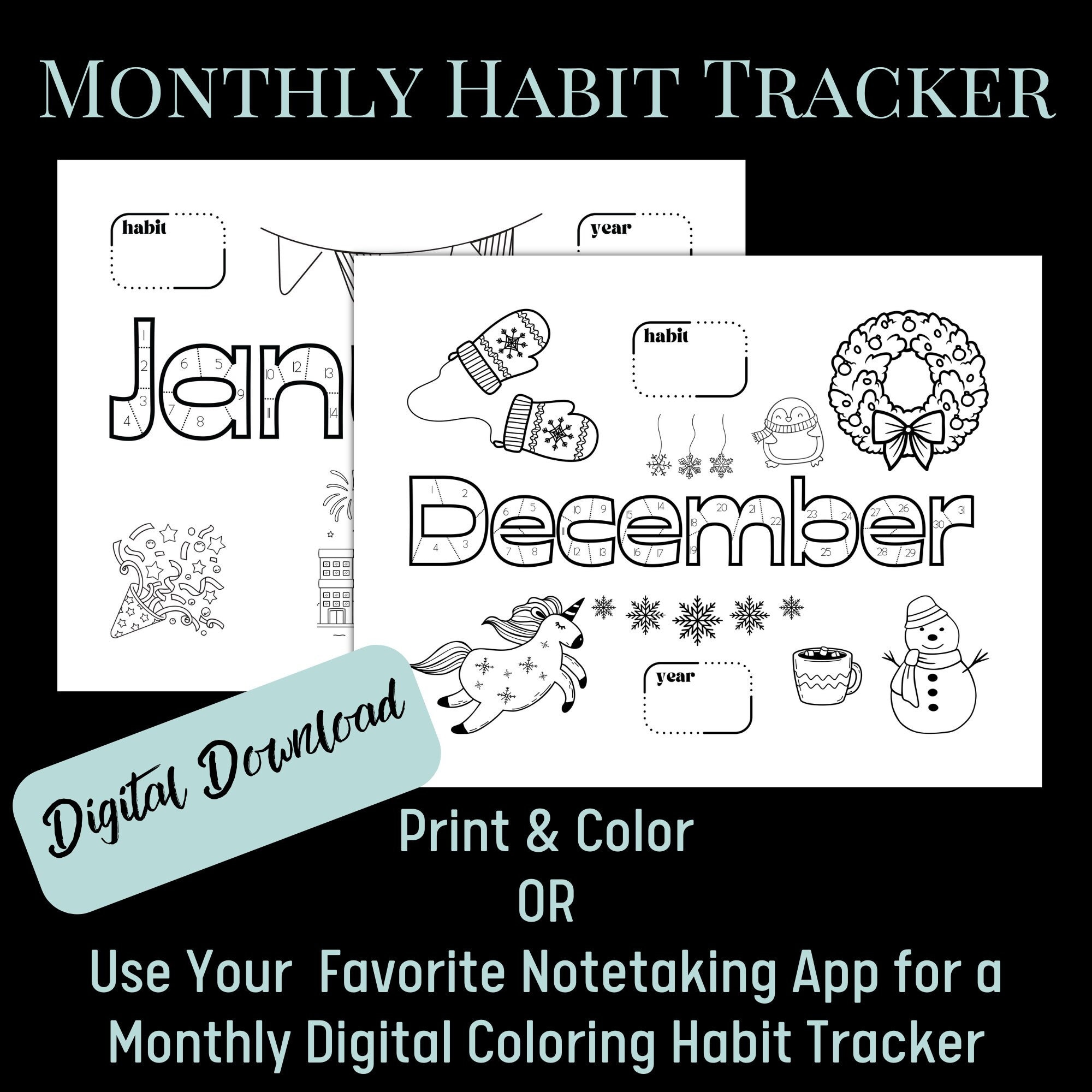 Monthly Habit Tracker Coloring Pages, Exercise Tracker, Writing Habit ...