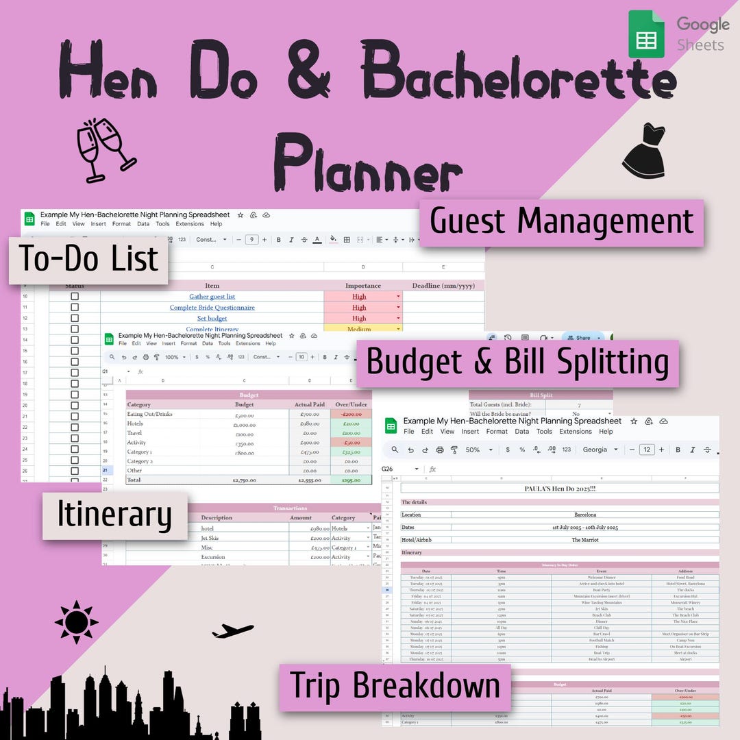 Hen Do Bachelorette Party Google Sheets,hen Party Template,bachelorette ...