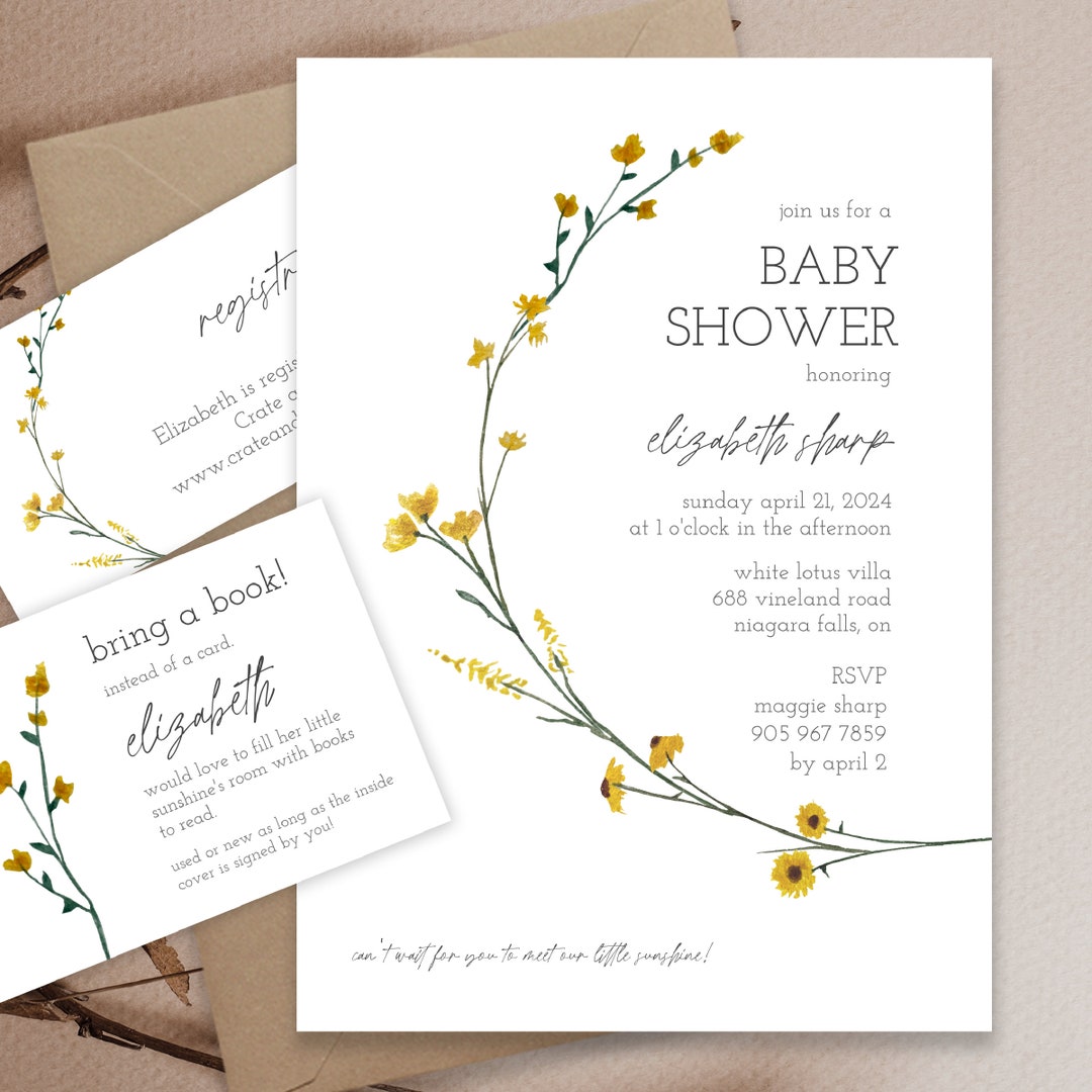 Wildflower Baby Shower Invite Template, Yellow Wildflower Baby Shower ...