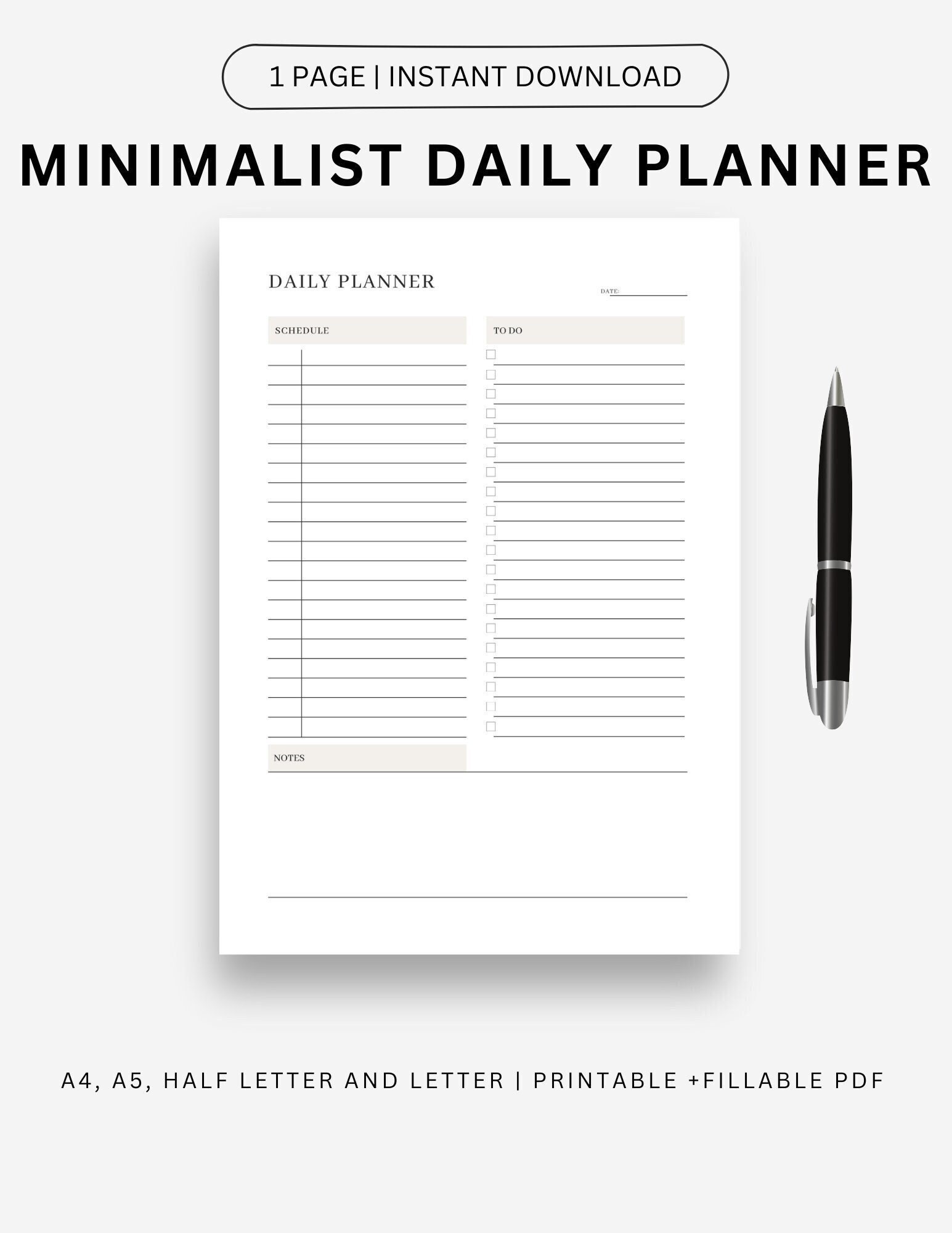 Minimalist Daily Planner, Printable, Daily to Do List, Productivity ...