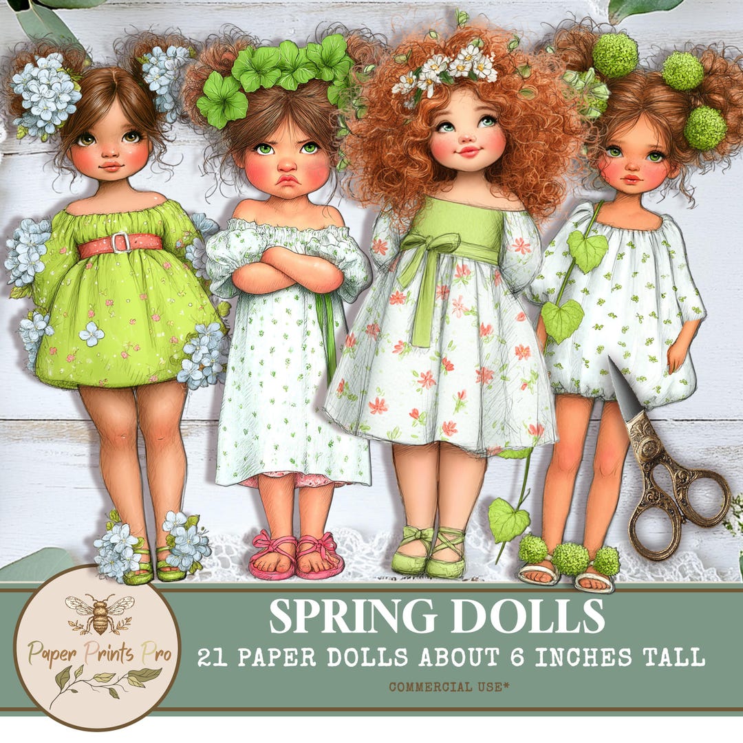 Printable Paper Dolls, Green Dress Girls, Spring Clipart for Junk ...