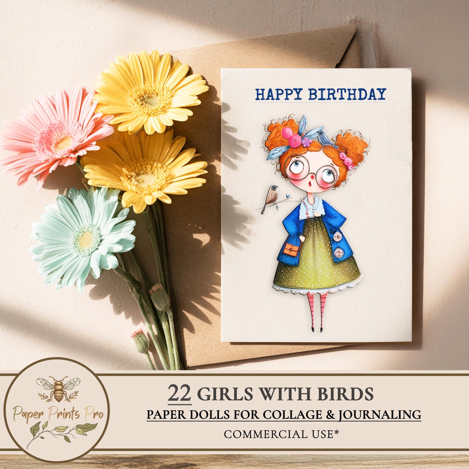 Printable Paper Dolls – 22 Girls With Birds Clipart – Ephemera for Junk ...