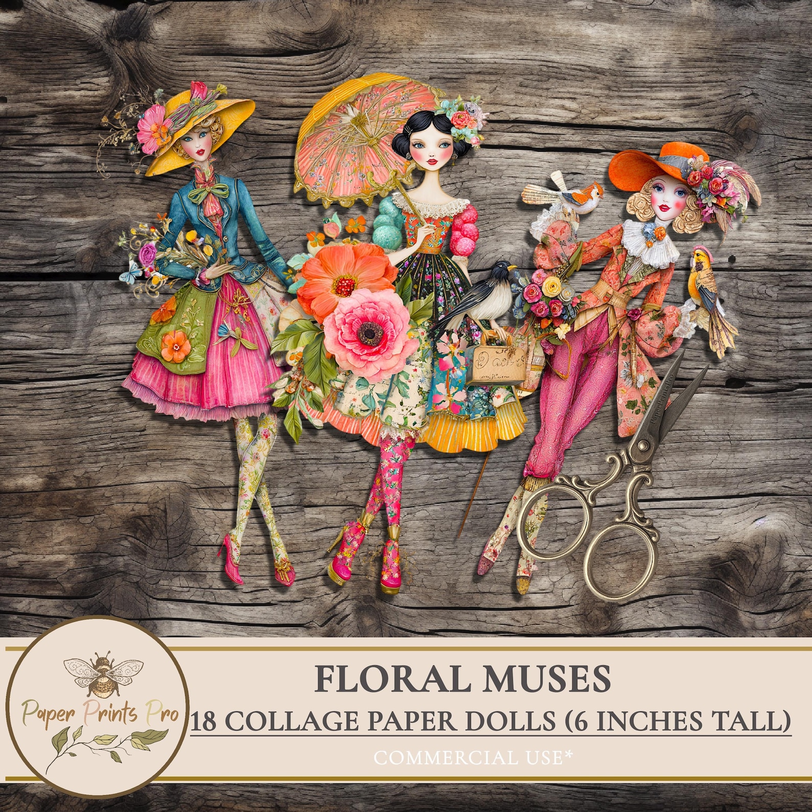 Printable Paper Dolls in Floral Dresses for Collage, Journals, Cards ...