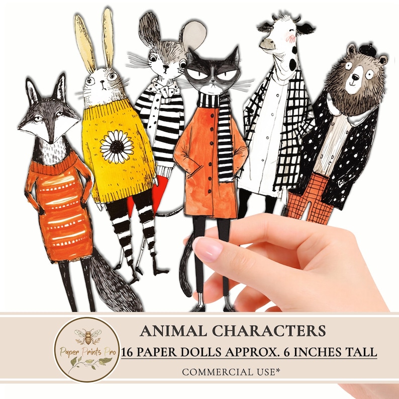 Printable Paper Dolls Animal Characters Whimsical Illustrated ...