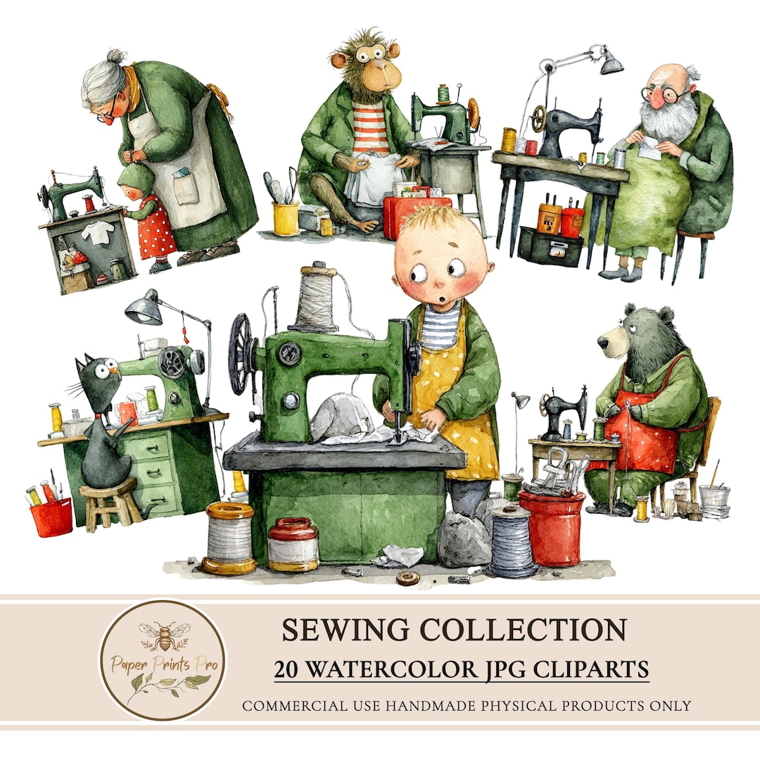 Watercolor Clipart – Sewing Characters & Sewing Machines for Paper ...