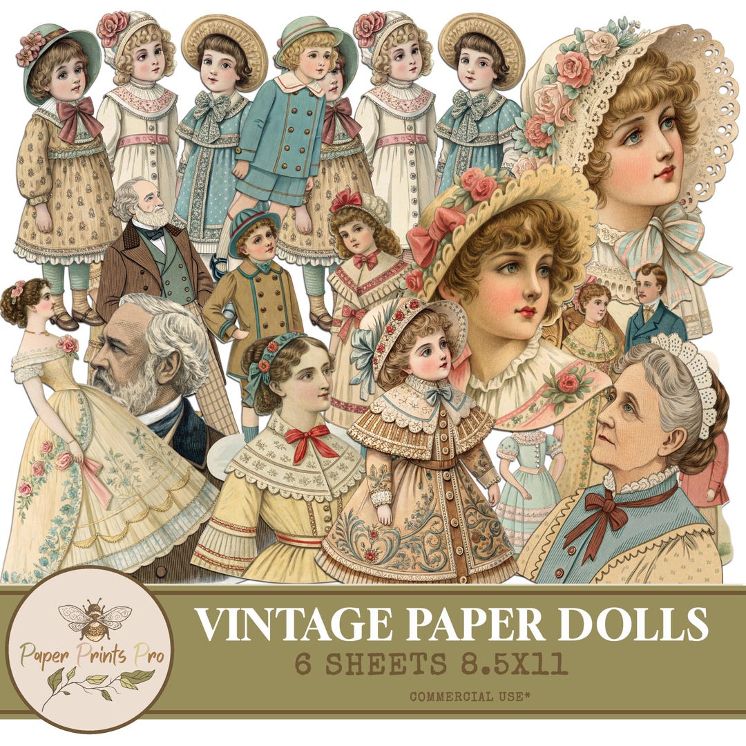 Vintage Ephemera Paper Doll Set — Digital -6 Printable Ephemera Sheets ...
