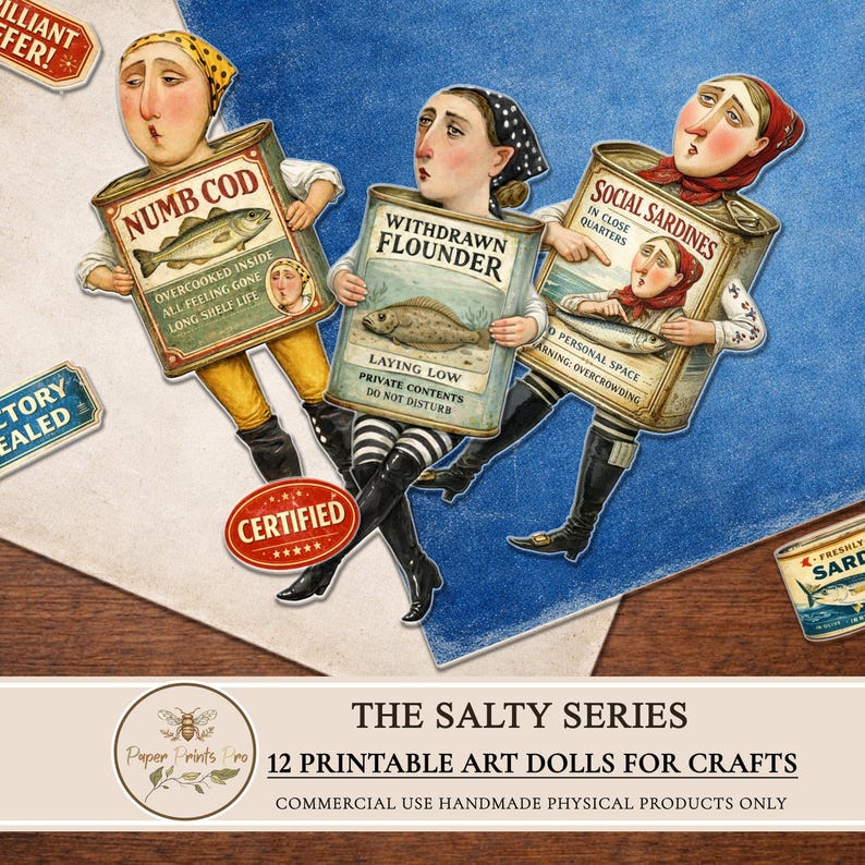 Paper Dolls Printable, 12 PNG JPG Vintage Fish Characters for Crafts ...