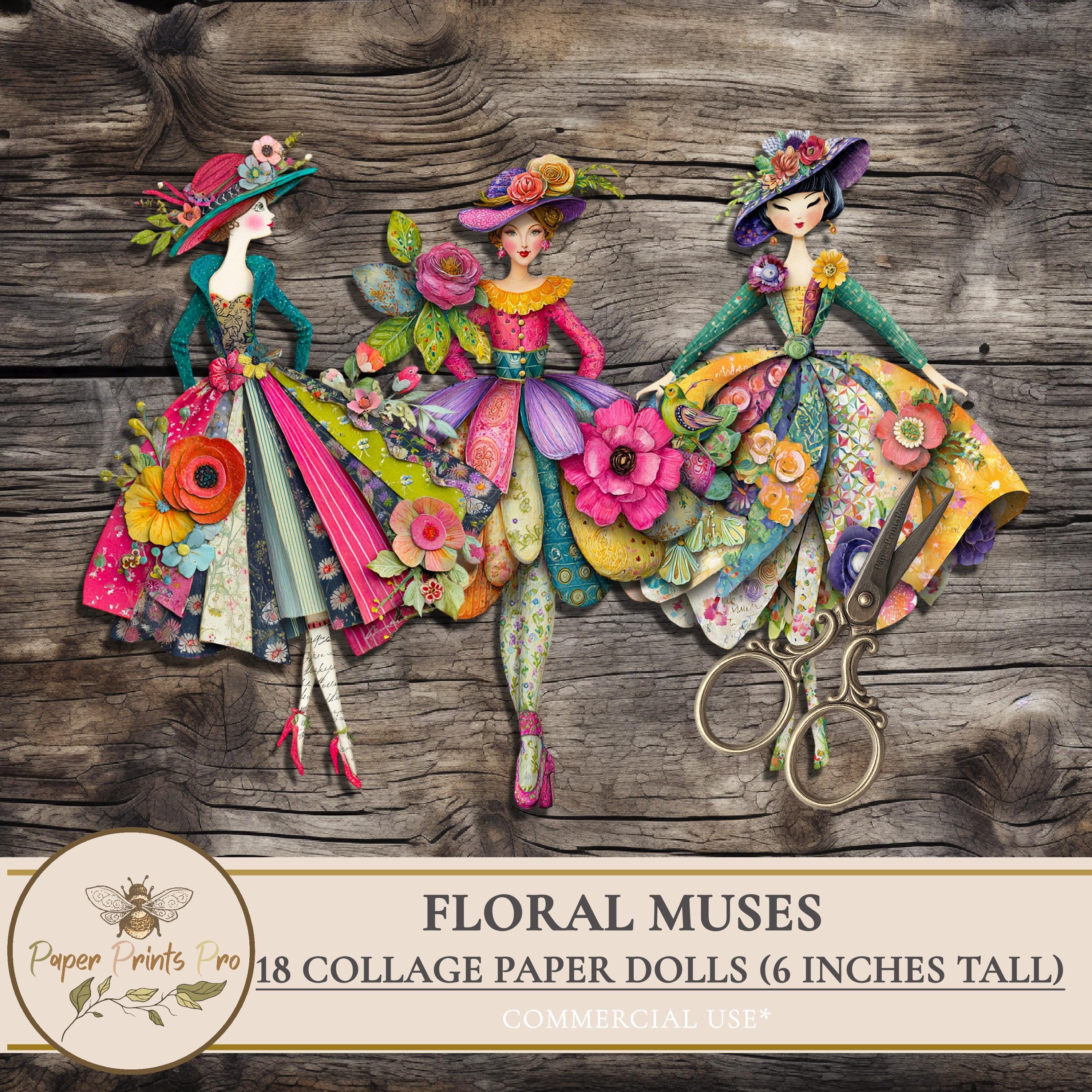 Printable Paper Dolls in Floral Dresses for Collage, Journals, Cards ...