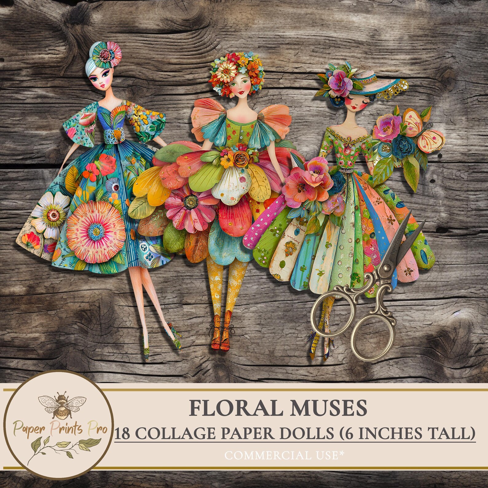 Printable Paper Dolls in Floral Dresses for Collage, Journals, Cards ...